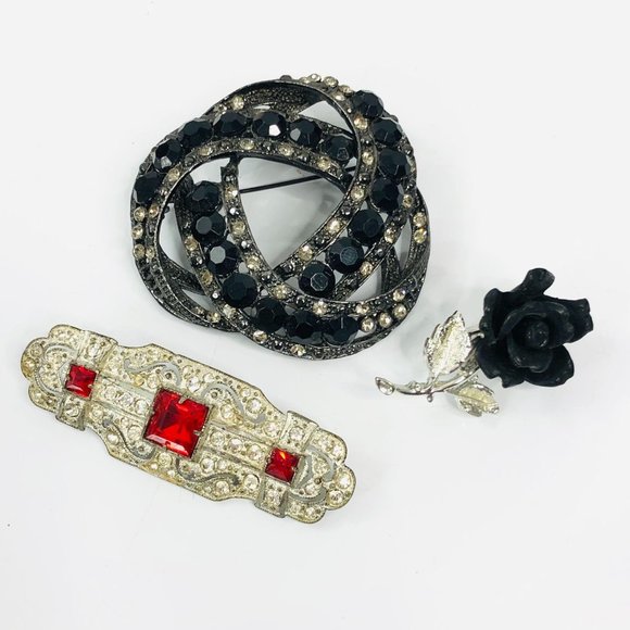 Estate | Jewelry | Vintage Brooch Lot Goth Core Rhinestone Black Rose ...